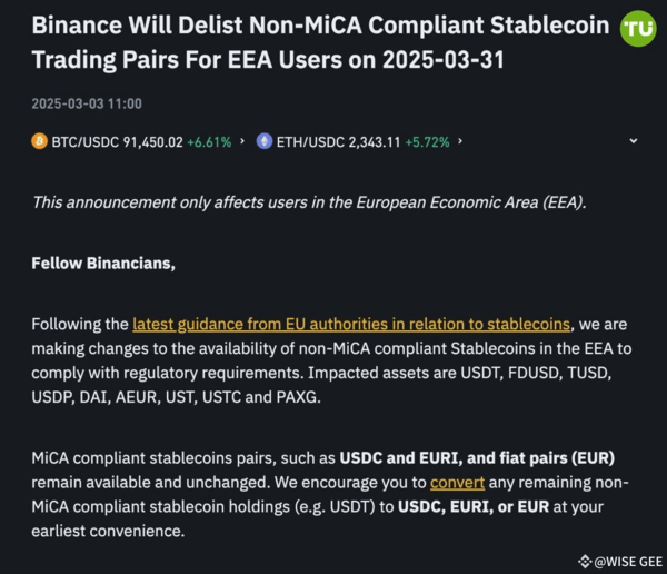 Binance to Delist Stablecoins in Compliance with European MiCA Regulations